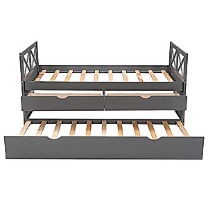 GLORHOME Twin Platform Bed,Multifunctional Wood Storage DayBed Sofa Bed Frame with Trundle and Two Drawers for Living Room Bedroom, Grey