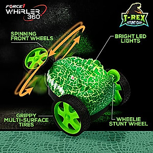 Force1 Dino Whirler T-Rex 360 Stunt Car Mini RC Car for Kids - Fast Remote Control Mini Stunt Car 5 Wheels LEDs 360 Flips Standing Rotating Small RC Car 2.4 GHZ Remote Control Car Toy for Boys Girls