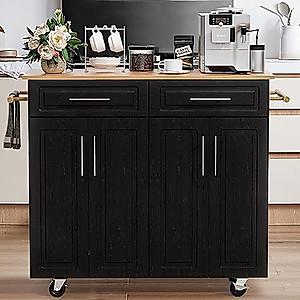 Kitchen Islands with Storage, Kitchen Carts and Islands Rolling Kitchen Island Storage Cabinets on Wheels with Drawers, Towel Rack and Shelves in Dining Room, Black