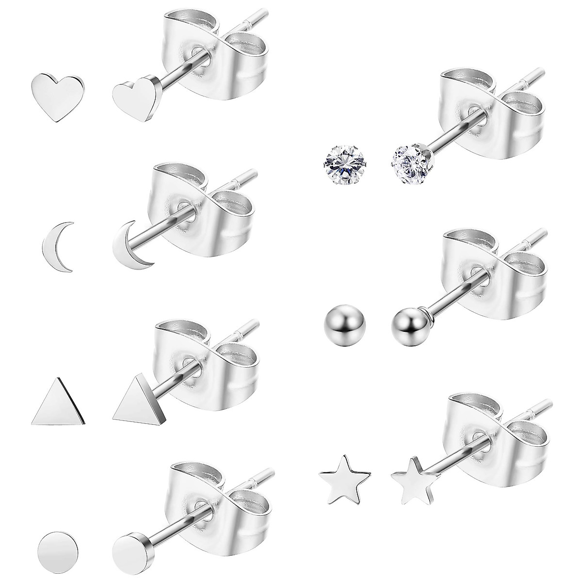 Sllaiss 7 Pairs Tiny Geometric Stud Earrings Set Stainless Steel CZ Ball Heart Star Cartilage Earrings Studs for Women Helix Ear Piercing Set With Gift Box