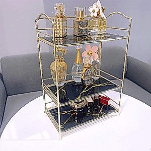 Simmer Stone 3 Tier Makeup Perfume Organizer Shelf, Cosmetic Storage Corner Shelf with Removable Glass Tray, Wire Vanity Organizer Rack for Dresser, Countertop, Bathroom and More (Gold)