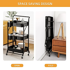 3 Tier Foldable Rolling Cart with Wheels, Folding Utility Cart Organizer, Collapsible Rolling Storage Cart with 3 Hanging Cups & 6 Hooks for Kitchen, Office, Nursery(Black)