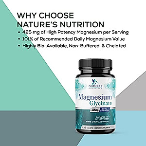 Magnesium Glycinate 425 mg with Calcium - Max Absorption Magnesium Tablets for Muscle, Nerve, Bone & Heart Health Support - Vegan, Non-GMO, Gluten Free Nature's Nutrition Supplement - 120 Tablets