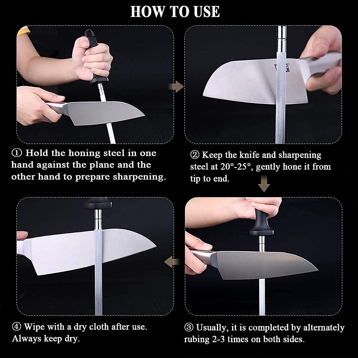 12 Inch Honing Steel Safe Knife Sharpening Steel Sharpening Rod Knife Sharpener Carbon Steel Sharpener Rod for Home Kitchen Hunting Master Chef Home Gourmet Blade