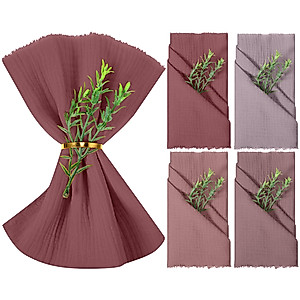 12 Pack Handmade Cloth Napkins with Fringe 100% Cotton Linen Napkins 16"x16" Rustic Cheesecloth Cloth Napkins for Wedding Party(Pink Series)