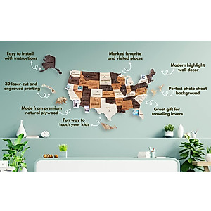 Jabihome 3D Wooden USA Map Wall Art, Wood United States Map with Push Pins, Gift for Him, Office Wall Decor, Gifts for Dad, Home Decor, US Travel Map with Pins, Patriotic Decor, Travel Gifts for Men (Size L: 60"L x 37.5"W)