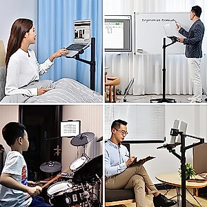 viozon Tablet and Laptop Floor Stand, 2-in-1 Rolling Adjustable Dual arm, Compatible with 4.5~13'' Phone and Tablet Compatible with iPhone, iPad Pro, iPad, Extra Tray Fits 12 to 17'' Laptop/Notebook(B