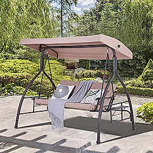 Sophia & William Outdoor 3-Seat Swing Chair with Adjustable Canopy, Patio Swing Glider Lounge Chair with Foldable Side Table Cup Holder and Removable Cushion for Porch, Garden, Backyard