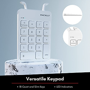 Macally Bluetooth Number Pad for Laptop, Apple, Mac, iMac, MacBook Pro/Air, Ipad, Windows PC, Tablet, or Desktop Computer - Rechargeable 18 Key Wireless Numeric Keypad - White Bluetooth 10 Key Numpad