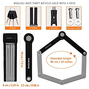 BIGLUFU Bike Lock Bicycle Scooter Motorcycle Folding Locks with 4Keys, Fold Chain Heavy Duty Alloy Steel Foldable Lock with Mounting Bracket 2pc Straps, 86cm/34 Unfolding, 1.92 lbs