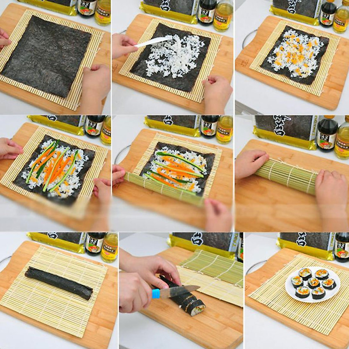 GARASANI 2 Pack Bamboo Gimbap Sushi Making Kit, 2 x Natural Bamboo Mat, 1 x Cooking Brush, 9.4" x 9.4" (Beige)