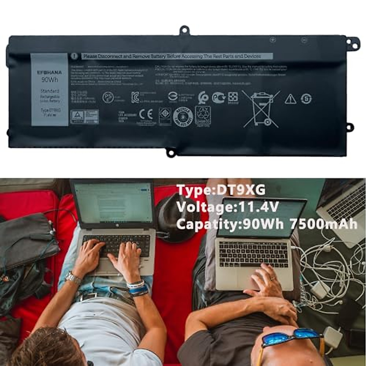 EFOHANA DT9XG 90Wh 6-Cell Laptop Battery Replacement for Dell Alienware Area-51m R1 R2 ALWA51M-D1968W D1969PW D1766W D1733B D1746WD1748DW D1735DB D1733PB Series 07PWKV 0KJYFY 11.4V