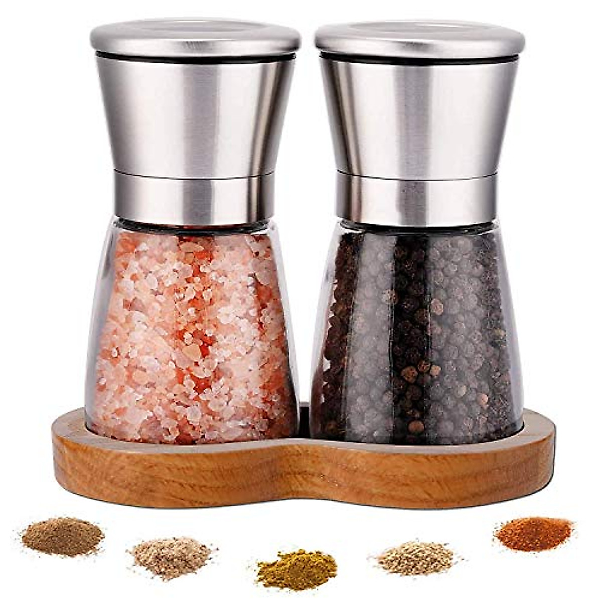 LessMo Salt and Pepper Grinder Set with Wooden Standing Tray, Refillable Pepper Mill Set - Brushed Stainless Steel - Short Glass Shakers with Adjustable Coarseness for Peppercorn, Salt or Spice Mill