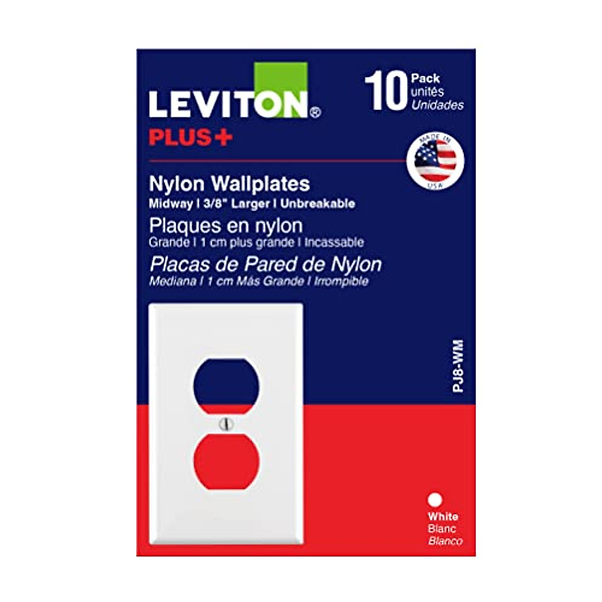 Leviton PJ8-WM 1-Gang Duplex Device Receptacle Wallplate, Midway Size, Thermoplastic Nylon, Device Mount, 10 Pack, White