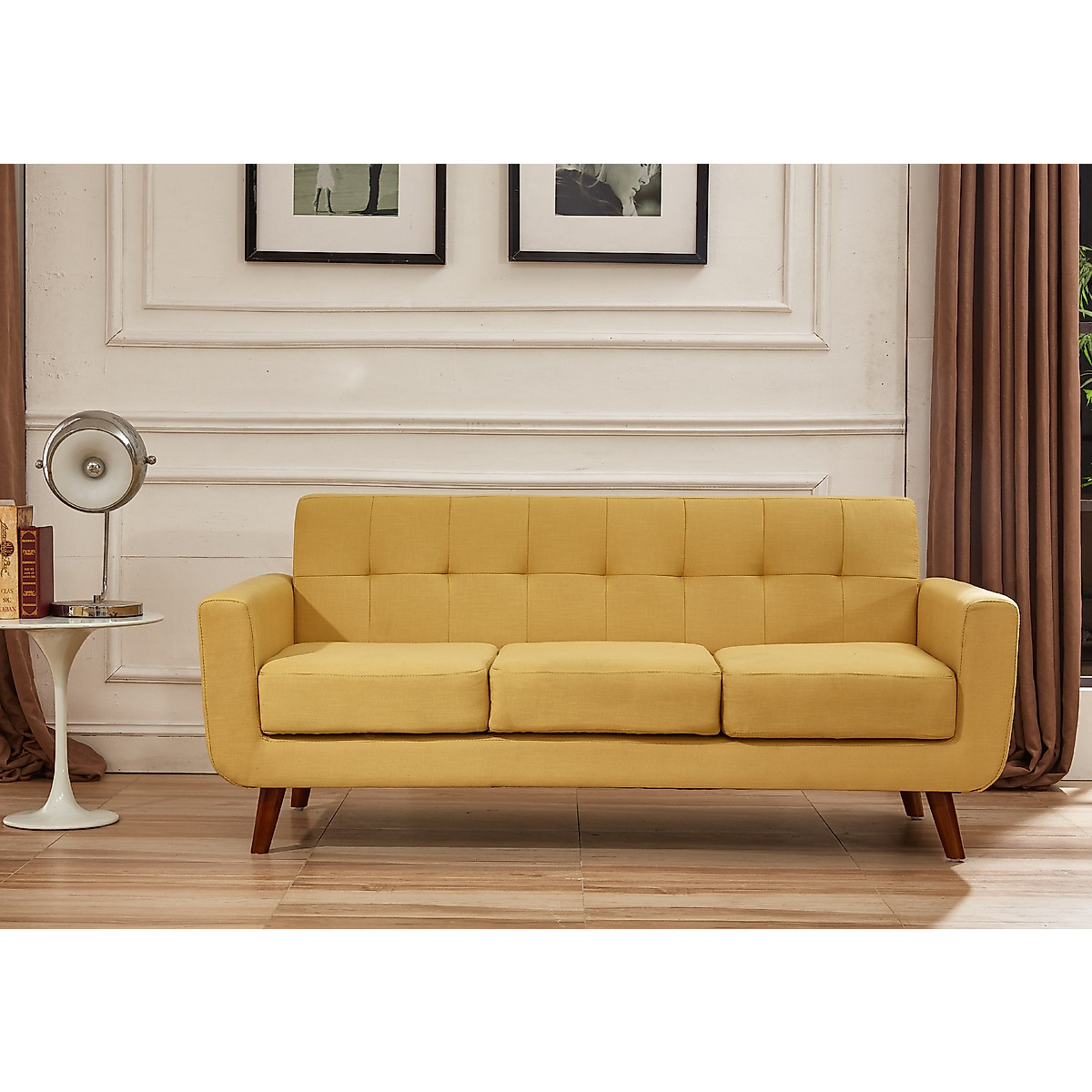 Pride Furniture Charles Mid-Century Modern 100% Linen Fabric, Clean-Lined Design for Apartment and House Sofas, Naples Yellow