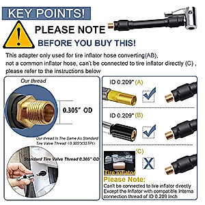 2PCs Air Inflator Hose Adapter Convert Twist On Connection to Lock On Connection, Locking Air Chuck with Air Hose and Standard Tire Valve Fine Thread