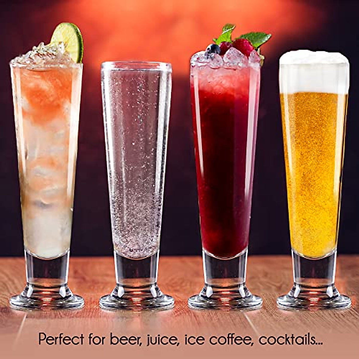 Beer Glasses Set, Tall Footed Pilsner Glass, Pint Beer Drinking Set, Lead-Free Brewery Tumblers, Craft Beer Tasting Glass, 4 PCs