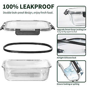 CEKEE Glass Meal Prep Containers with Lids, 5 Pack 36 OZ Glass Food Storage Containers, Airtight Glass Lunch Containers Set, Salad Container for Microwave, Oven, Freezer & Dishwasher Safe