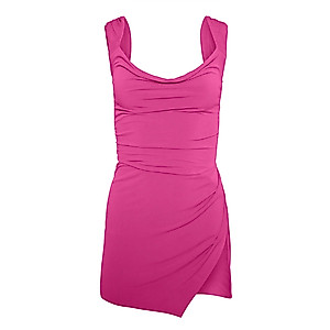 HYPERFIRE Women's Summer Square Neck Low Back Dress Split Hem Ruched Bodycon Mini Short Dresses Backless Sundress Hot Pink X-Small