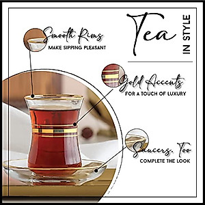 Vikko Turkish Tea Glasses & Saucers, 4 Oz Authentic Turkish Tea Cups,Set of 6 Clear Glass Tea Cups And Saucers, Gold Accented Turkish Tea Cup Set, 6 Cups and 6 Plates