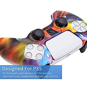 Skin Cover for Sony PS5 Dualsense Controller, Colourful Silicone Protecte Case Printing Cool Flowing Flame, with Pro Thumb Grips x 12