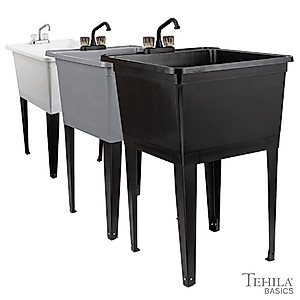 Tehila Basics by JS Jackson Supplies 21-Gallon Black Freestanding Utility Sink with Black 2-Handle Faucet, Heavy Duty Plastic Laundry Tub with Adjustable Legs