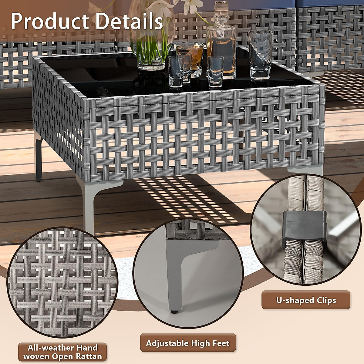 Piltwoff Patio Furniture Set,7 Piece Outdoor Sectional Sofa, Open-Weave Wicker Patio Conversation Sets with Navy Cushions & Glass Coffee Table for Balcony Porch Pool Deck,Grey Rattan