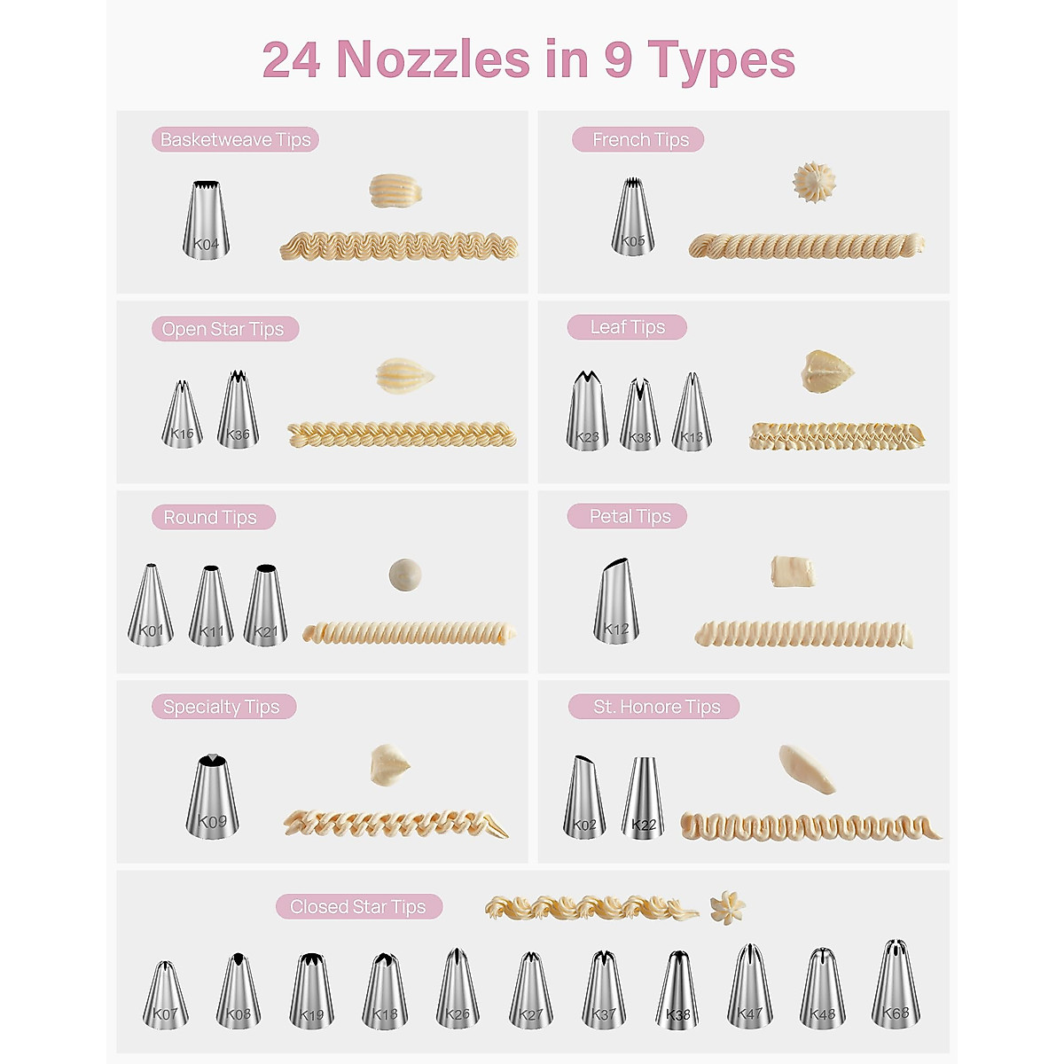 Kootek 32-Piece Piping Bags and Tips Set with 24 Icing Piping Tips, 2 Reusable Pastry Bags 12 Inch, Reusable Piping Icing Bags and Tips, Cake Decorating Kit for Frosting Cookie, Cupcake