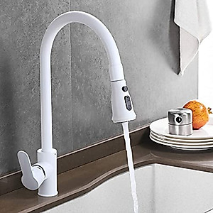 Yawhite Sleek White Kitchen Faucet with Pull Out Sprayer, 360 Degree Swiveling 3-Function Single Handle Modern Pull Down Kitchen Faucet(White)