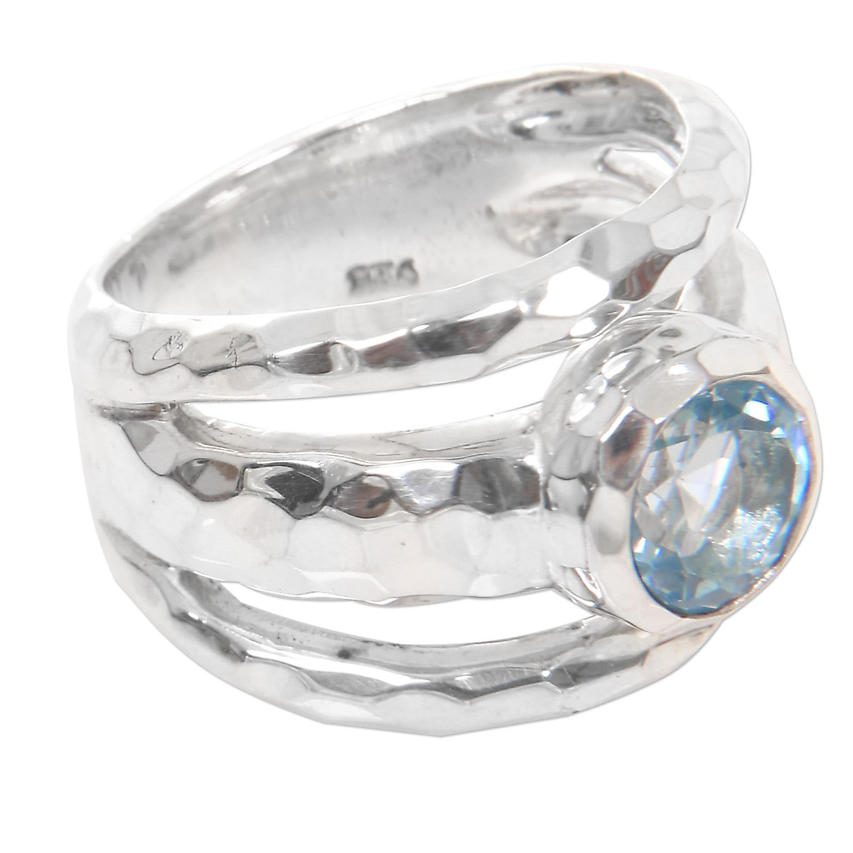 NOVICA Artisan Handcrafted Blue Topaz Cocktail Ring Sterling Silver from Bali Single Stone Indonesia Serenity Birthstone [ring Front 0.6 in L x 0.8 in W x 0.2 in H Band Width 7 mm W] ' Sparkling