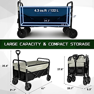 Kamopot Large Collapsible Wagon Foldable for Grocery, Beach, Park, Yard, 34 x 18 Inch Inner Storage. Folding Utility Shopping Cart on Wheels. Heavy Duty, Durable w/Cupholders (Black-Gray)