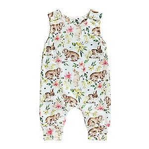 tetyseysh Baby Girls Summer Casual Jumpsuits Clothes Outfits Sleeveless Rabbit Floral Rompers (White , 6-12 Months )