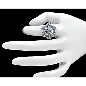 March Birthstone Natural 7X5 MM Oval Cut Aquamarine & Small White Topaz Gemstone 925 Sterling Silver Cluster Ring Wedding Jewelry Women Ring Gift For Her (Rhodium Plated Silver, 7)