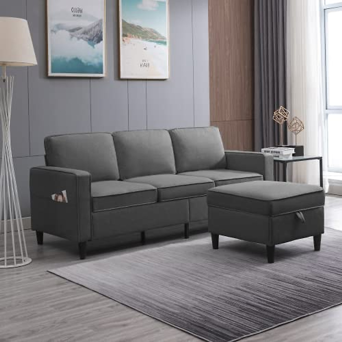 ZAFLY Convertible Modular L Shape Sofa with Storage Ottoman Sets 3-Seat Sectional Couch for Small Space Living Room Bedroom