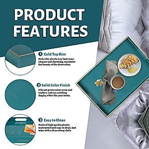 MAONAME Teal Serving Tray with Handles, Modern Decorative Tray for Coffee Table, Plastic Rectangular Tray for Ottoman, Bathroom, Decor, 15.75” x 10.2” x1.57