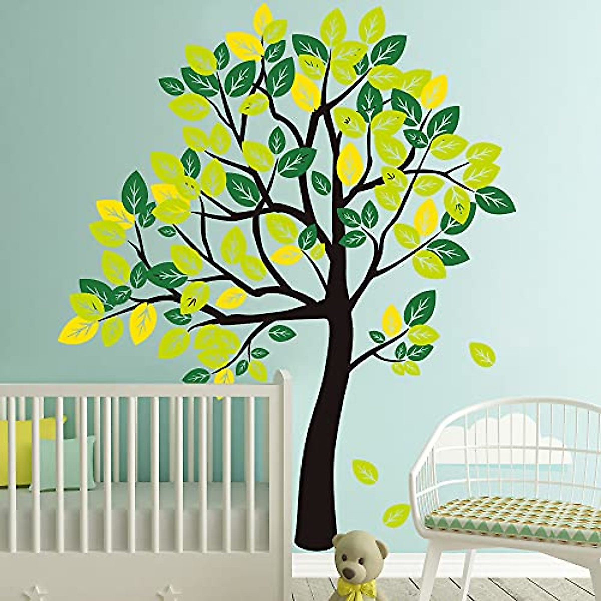 RW-2882 Giant Green Tree Wall Decals Big Tree Branches Leaf Wall Stickers DIY Removable Large Leaves Family Phote Art Wallpaper Decor for Kids Women Bedroom Living Room Nursery Office Home Decoration