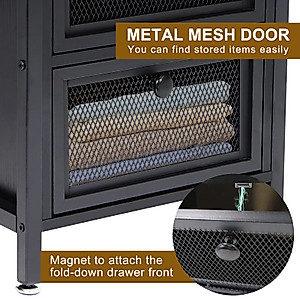 Caredear Black Wood and Metal Nightstand with Mesh Doors - 16" L x 12" W x 24" H Small Industrial End Table with Storage, Narrow Wood Side Table with 2 Drawers, Black Sofa Side Table for Small Space