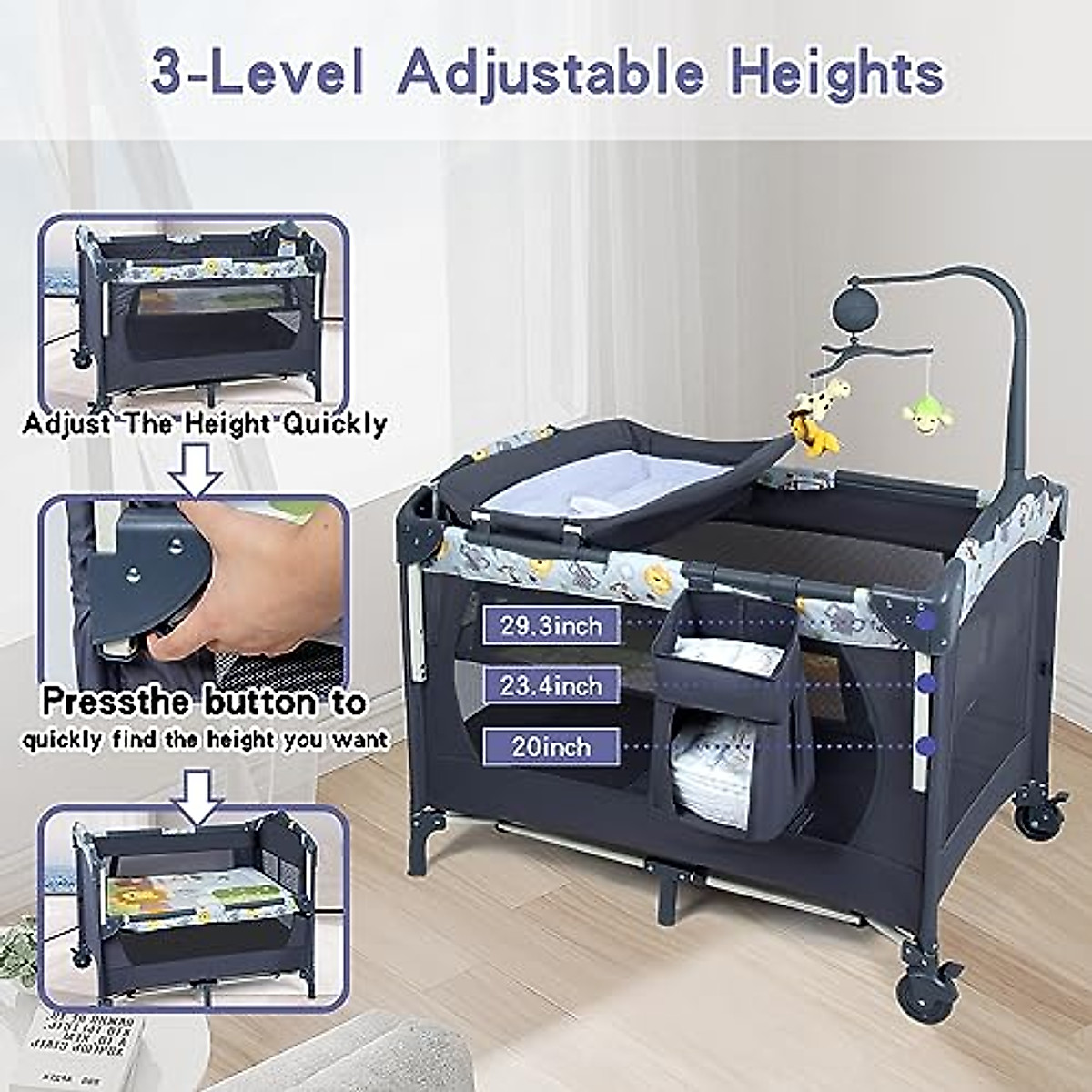 5-in-1 Baby Bassinet Bedside Crib, Pack and Play Long Next to Bed Crib Co Sleeper with Toys & Music Box, Mattress, Foldable Playard, Playpen Travel Bed Nursery Center for Girl Boy Infant Newborn