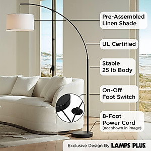 360 Lighting Cora Mid Century Modern Arc Floor Lamp 72" Tall Black Metal White Linen Fabric Drum Shade Decor for Living Room Reading House Bedroom Home Office House