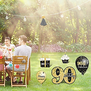 Happy 90th Birthday Yard Signs Set of 8, Black Gold 90th Birthday Decorations for Men, 90 Birthday Lawn Signs with Stakes and Outdoor Lawn Decorations