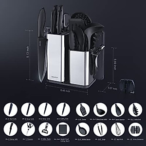 18 Pieces Black Kitchen Utensils Set Cooking Utensils Set Stainless Steel Knife Set with Block, 7 Piece Silicone Cooking Utensils Set with Scissors Vegetable Peeler Knife Sharpeners Cutting Board