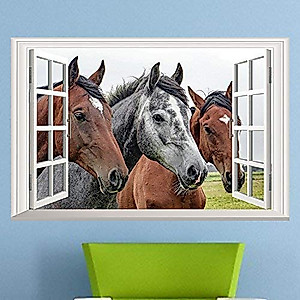 Home Find Horse Wall Decals 3D Faux Window View Decals Removable Fake Window Scene Wall Stickers Home Decor Art Mural Animals for Living Room Kids Room Nursery 23 inches x 15 inches