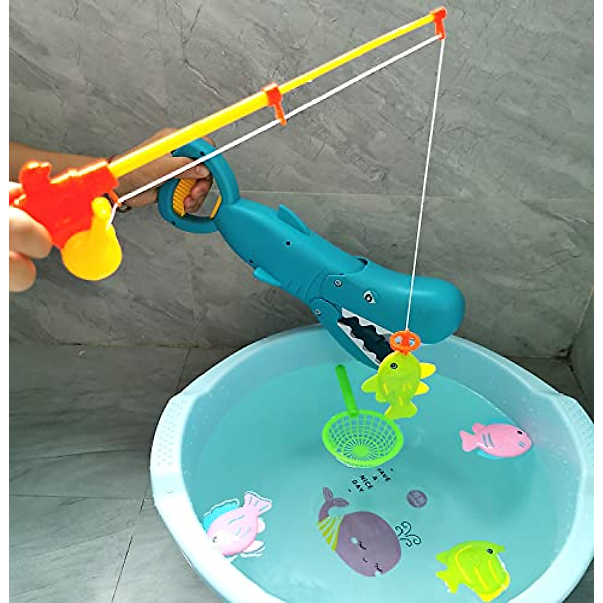 Bath Toys , Shark Grabber Bathub Baby Toy Magnetic Fishing Games Playing Set , Floating Fish Toys in Bathtub Bathroom Pool for Babies Toddlers and Kids Age 3+ (Blue)