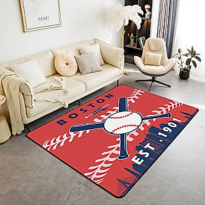 Erosebridal Baseball Area Rug for Boys,Kids Softball Rug 3x5,Red Black Baseball Player Living Room Rug,Sports Game Accent Rug Set for Bedside(Boston)