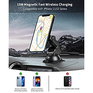 Magnetic Wireless Car Charger, 18W Fast Mag Safe Car Charging Dashboard Mount with Adjustable Metal Air Vent Hook Compatible with iPhone 14/13 Pro/13 mini/12/12 Pro/12 Pro Max/12 Mini