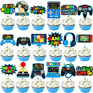 Video Game Cupcake Toppers 36pcs Game Party Cupcake Picks Game On Controllers Cake Picks Gamepad Birthday Party Decoration for Game Theme Baby Shower Supplies(Blue)