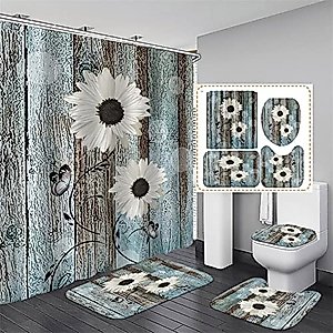 AZHM White Daisy Flower Shower Curtain Sets with Rugs 4 Piece Rustic Flower Floral Wood Panel Bathroom Decor Set with Non-Slip Rugs Toilet Lid Cover and Bath Mat Farmhouse Bathroom Shower Set