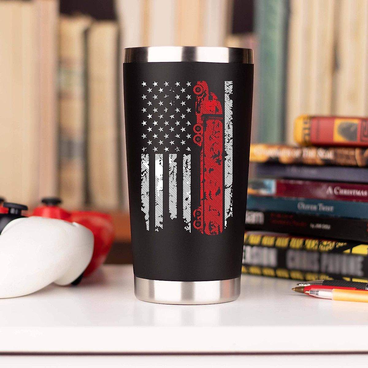 JENVIO Truck Driver Gifts | Stainless Steel Travel Mug Tumbler with Lid and 2 Straws and Gift Box | Men Tow Trucker Dad Accessories Flag from Family Daughter Husband Coffee/Mug Cup