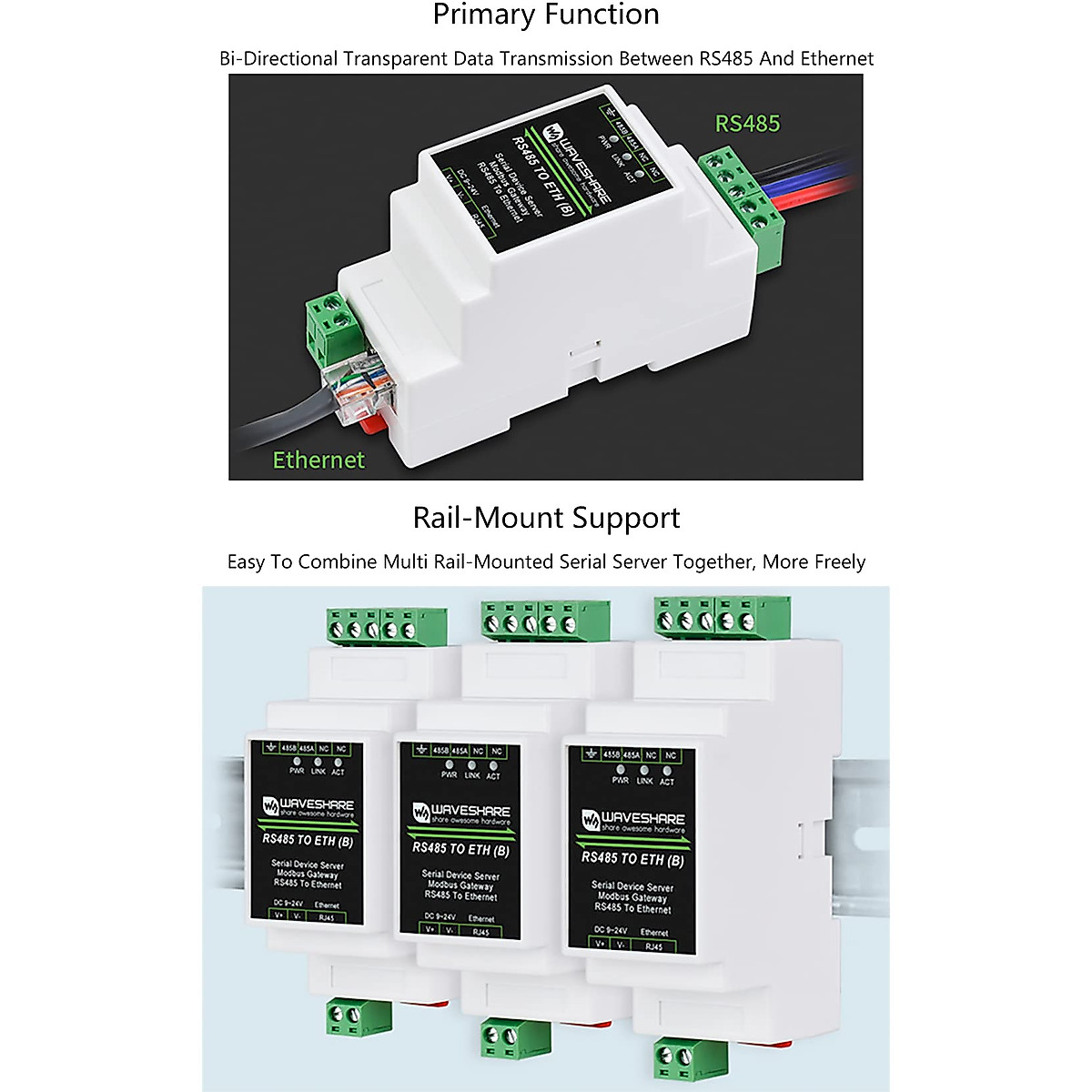 waveshare Ethernet Industrial Serial Server RS485 to RJ45 Ethernet Module, TCP/IP to Serial, Support Rail-Mount/Modbus Gateway, TCP Server/TCP Client/UDP Mode/UDP Multicast Multi Communication Modes