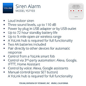 Smart Siren Alarm, Loud 110 dB, Wireless Alarm for Home Security/Intrusion/Burglar Alarm, Panic Alarm, Audible Alerts, Remote Control, Works with Alexa, Google, Home Assistant, IFTTT - Hub Required